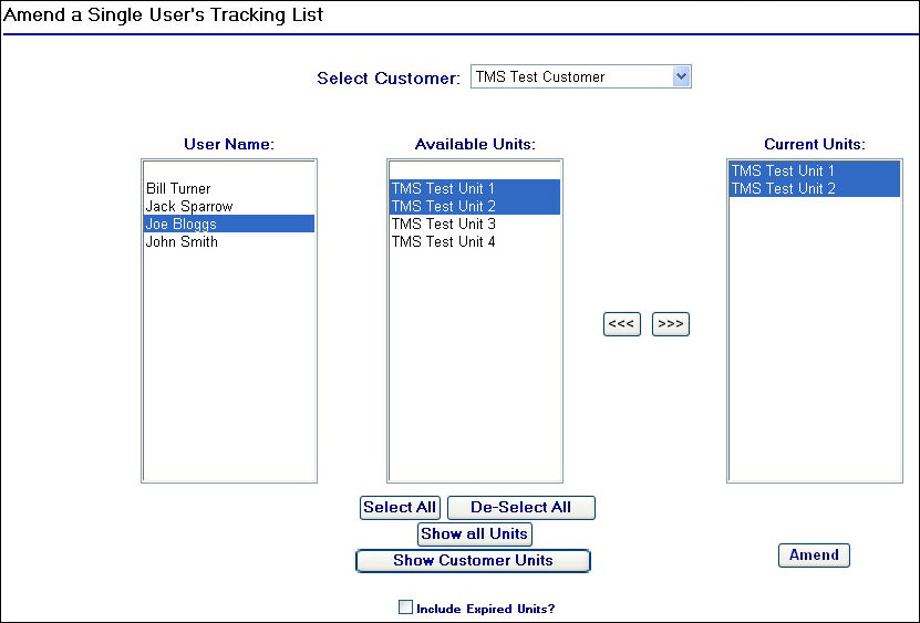 Selecting units to add to a users tracking list